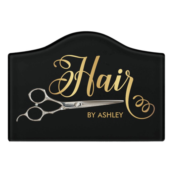 Black & Gold Hairstylist Salon Name Door Sign | Zazzle
