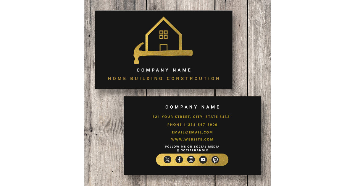 Black Gold Hammer Home Building Construction Business Card | Zazzle