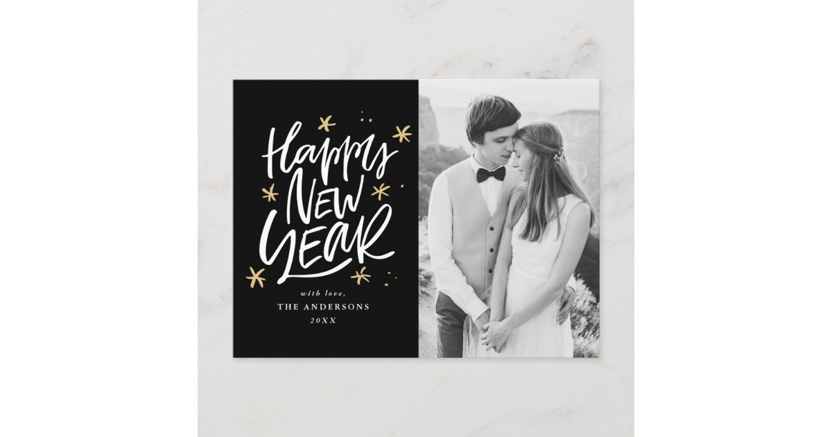 Black & Gold Hand-Lettered Happy New Year Photo Holiday Postcard | Zazzle