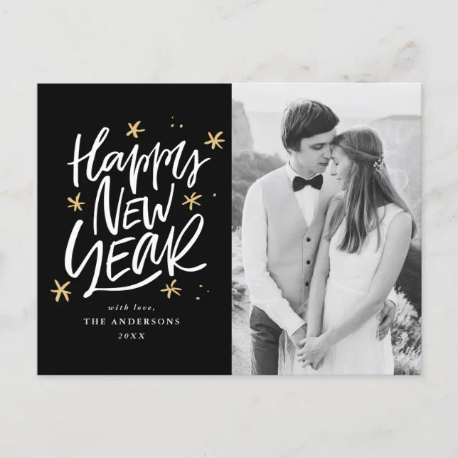 Black & Gold Hand-Lettered Happy New Year Photo Holiday Postcard | Zazzle