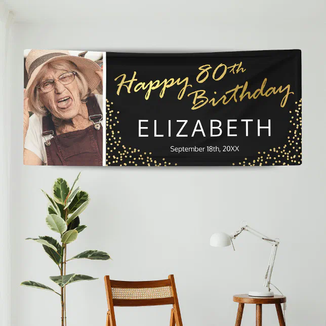 Black Gold Happy 80th Birthday Photo Banner | Zazzle