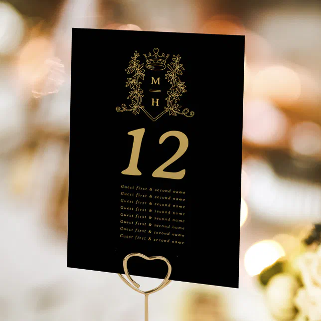 Black Gold heart crown guests names wedding Table Number | Zazzle