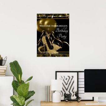 Black Gold High Heel Shoe Birthday Party Sign | Zazzle