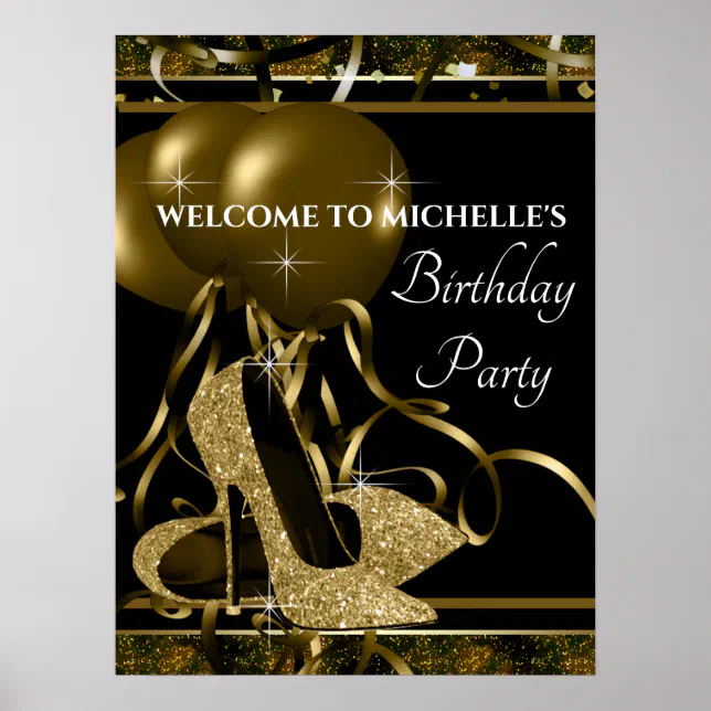 Black Gold High Heel Shoe Birthday Party Sign | Zazzle