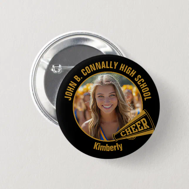 Black Gold High School Cheerleader Photo Button | Zazzle