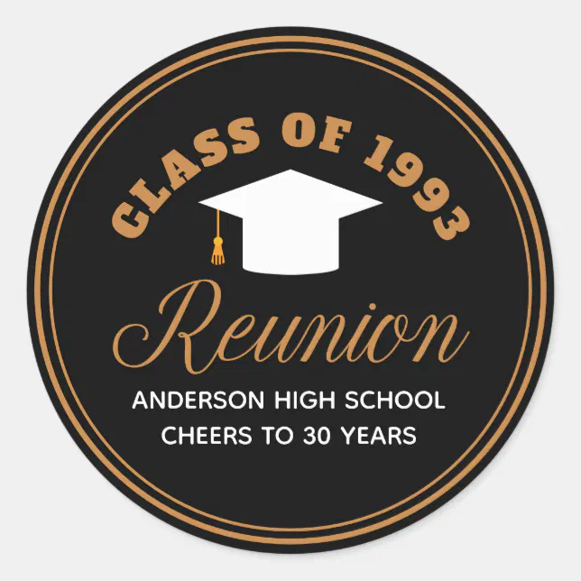 Black Gold High School Reunion Personalized Party Classic Round Sticker ...