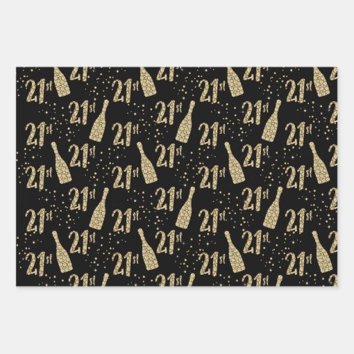 Black Gold Jeweled Champagne 21st Celebration Wrapping Paper Sheets ...
