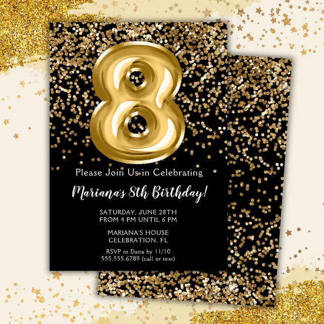 Black Gold Kids Girl 8th Birthday Party Invitation | Zazzle