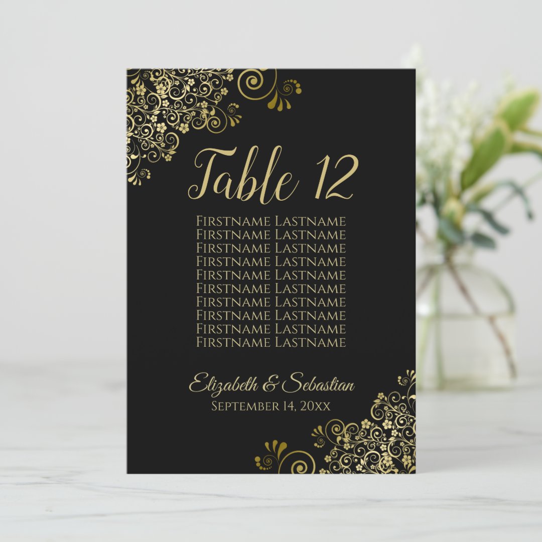 Black & Gold Lacy Table Number Seating Chart Large | Zazzle