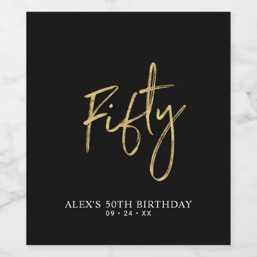 Black & Gold Lettering Fifty | 50th Birthday Party Wine Label | Zazzle