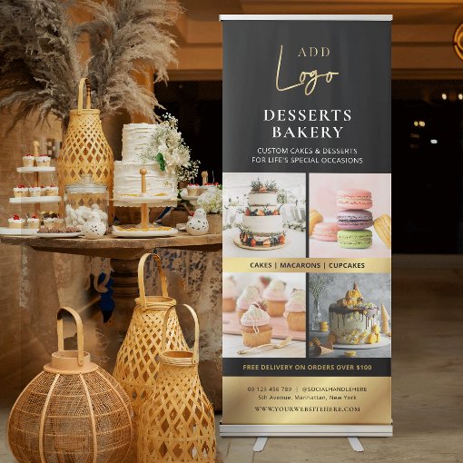 Black & Gold Logo 4 Photos Dessert Bakery Business Retractable Banner ...