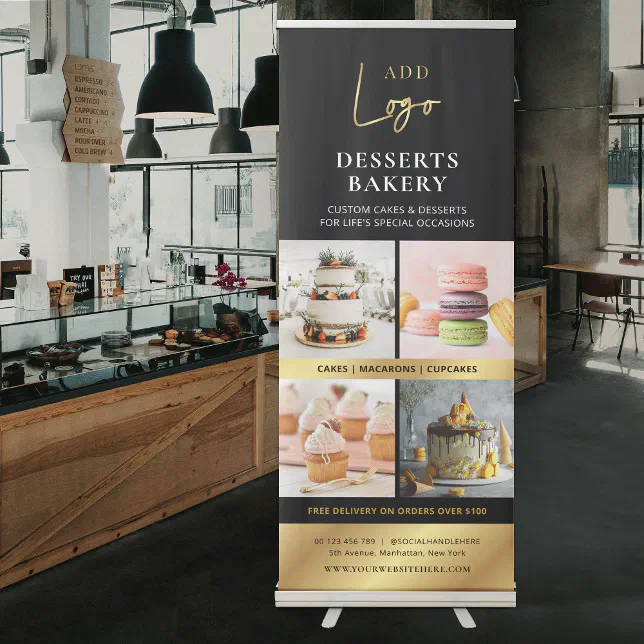Black & Gold Logo 4 Photos Dessert Bakery Business Retractable Banner ...
