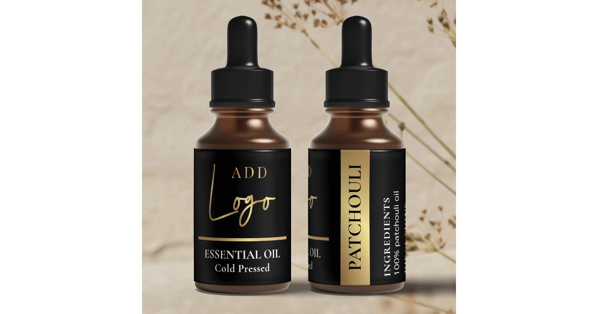 Black & Gold Logo Cosmetic Essential Oil Bottle Label | Zazzle