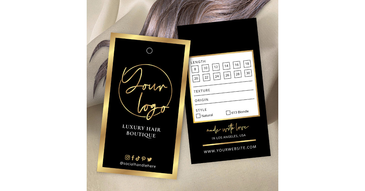 Black & Gold Logo Hair Extensions Size Hang Tag | Zazzle