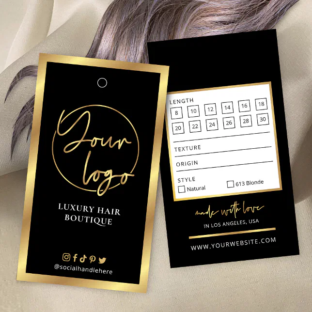 Black & Gold Logo Hair Extensions Size Hang Tag | Zazzle