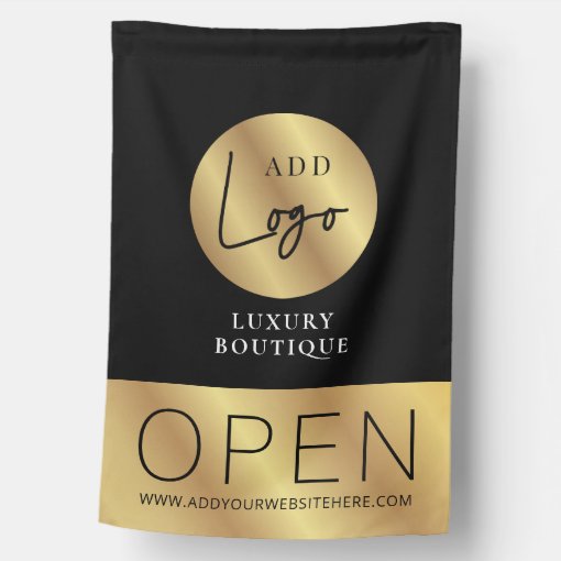 Black & Gold Logo We Are Open Chic Salon Shop Flag | Zazzle