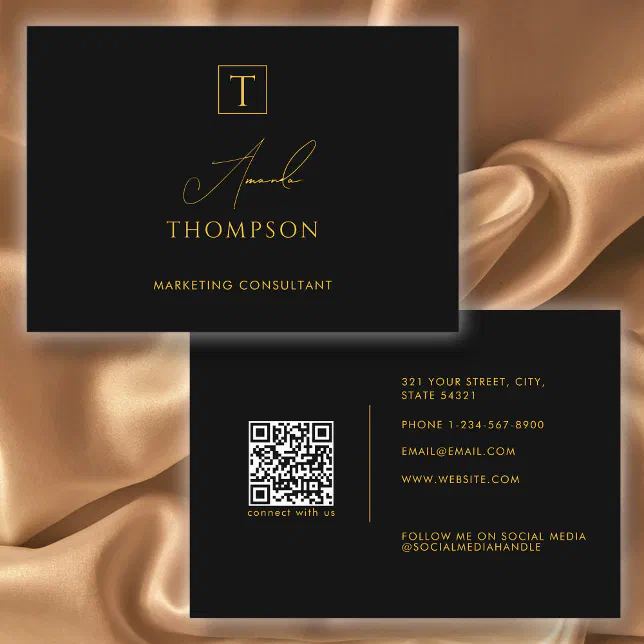 Black Gold Luxury Monogram Social Media QR Code Business Card | Zazzle