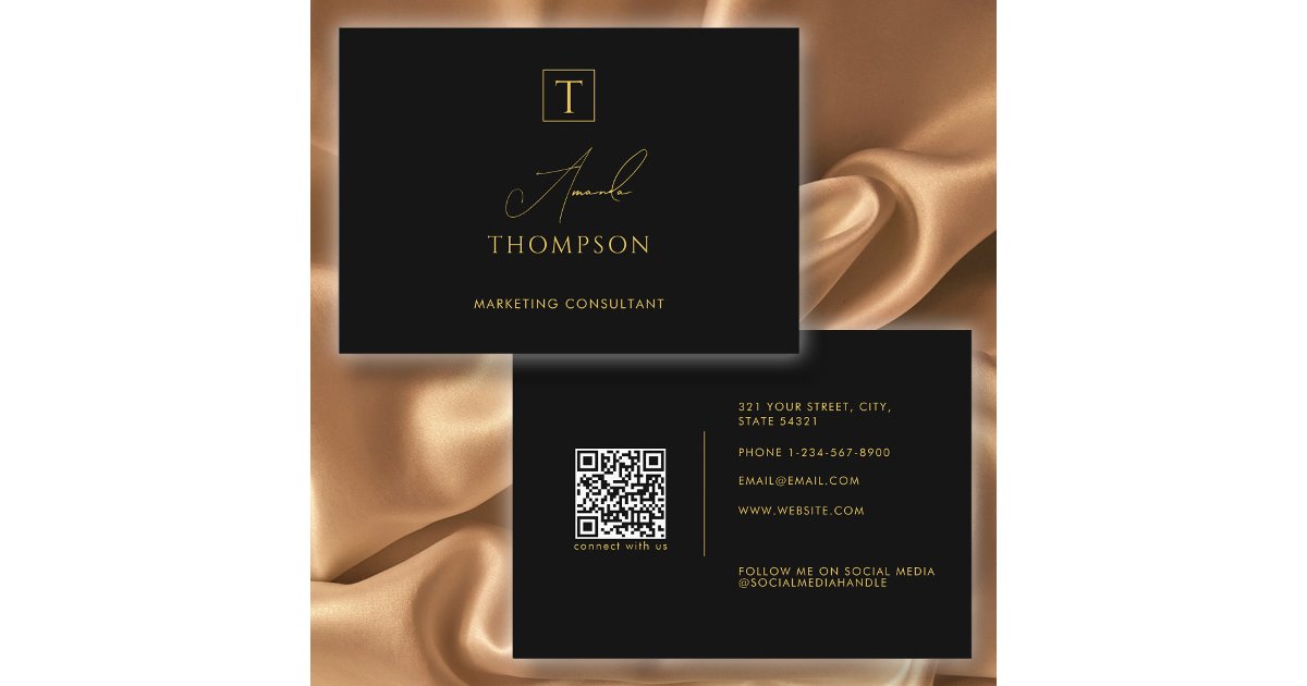 Black Gold Luxury Monogram Social Media QR Code Business Card | Zazzle