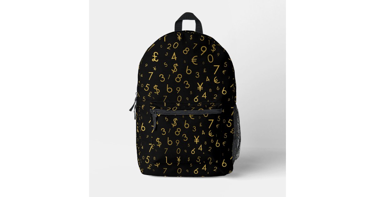 Black Gold Luxury Numbers Currency Symbols Pattern Printed Backpack ...