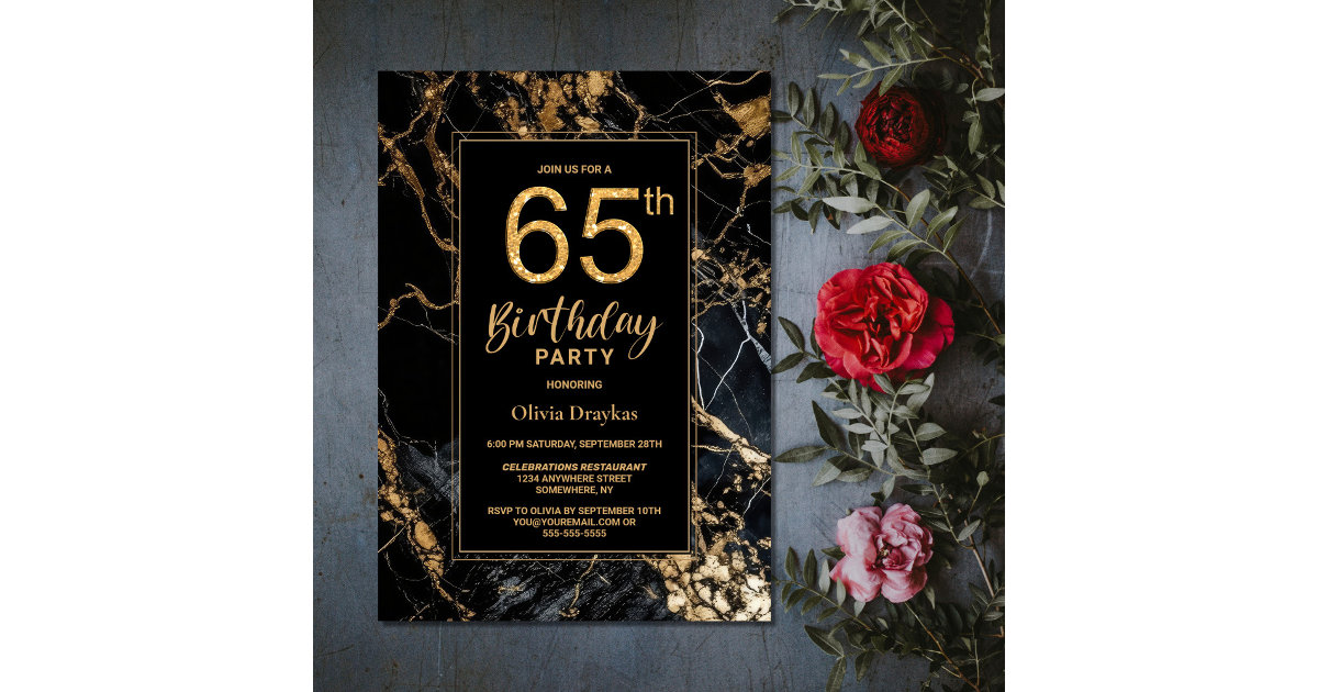 Black Gold Marble 65th Birthday Party Invitation | Zazzle