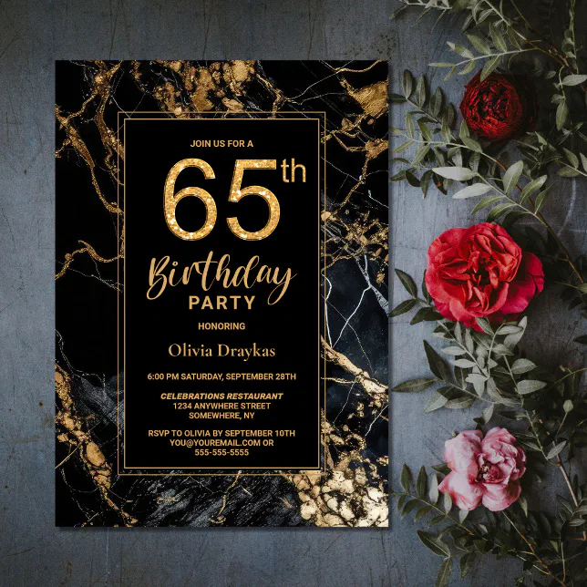 Black Gold Marble 65th Birthday Party Invitation | Zazzle