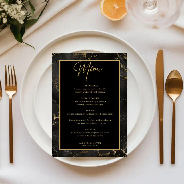 Black gold marble agate menu card | Zazzle