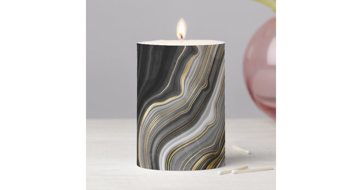 Black Gold Marble Agate Pillar Candle | Zazzle