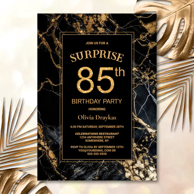 Black Gold Marble Surprise 85th Birthday Party Invitation | Zazzle