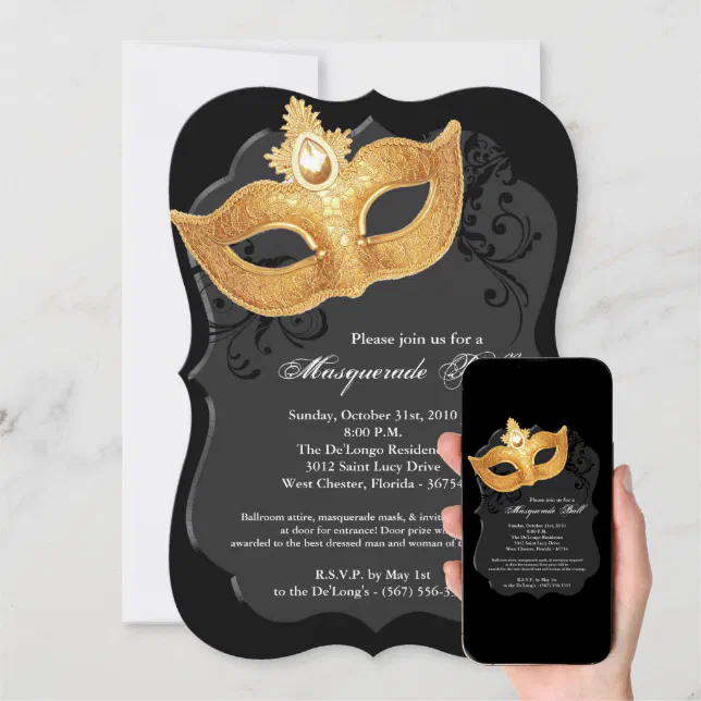 Black gold Masquerade Ball Mask Costume Halloween Invitation | Zazzle