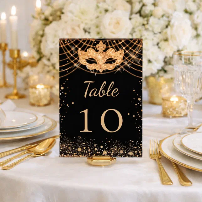 Black gold masquerade glitter table number | Zazzle