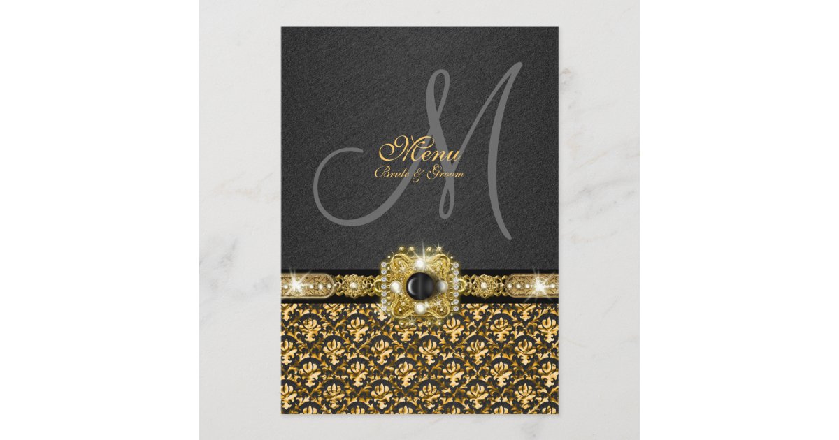 Black gold menu damask wedding template | Zazzle