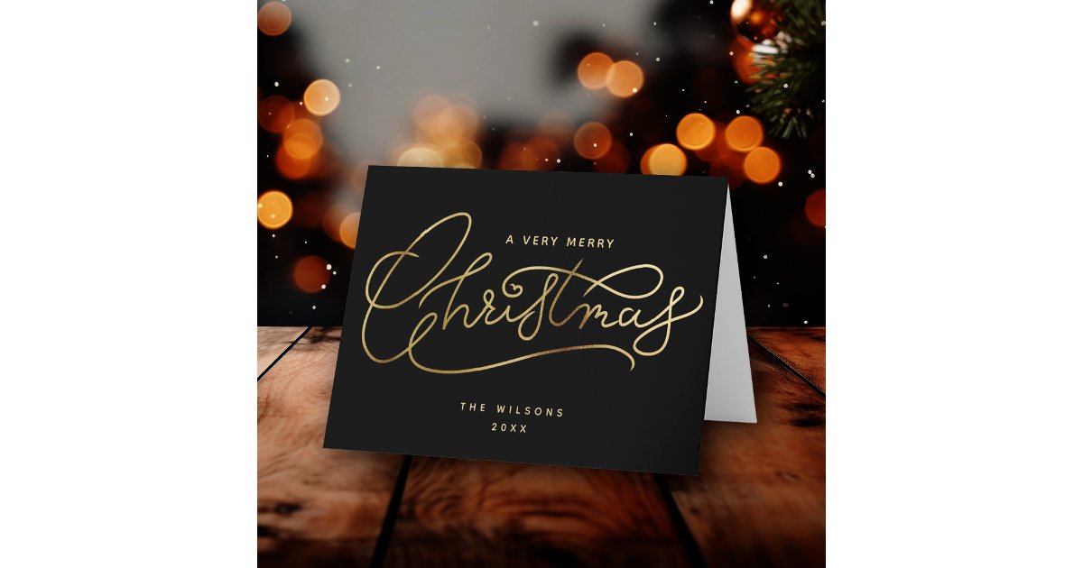 Black Gold Merry Christmas Script Minimalist Holiday Card | Zazzle