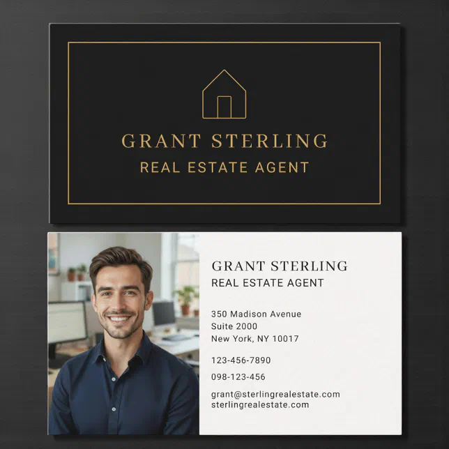 Black Gold Minimal Real Estate Agent House Photo Business Card | Zazzle