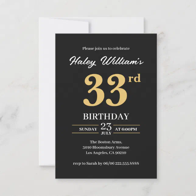 Black Gold Minimalist Modern Simple 33rd Birthday Invitation | Zazzle