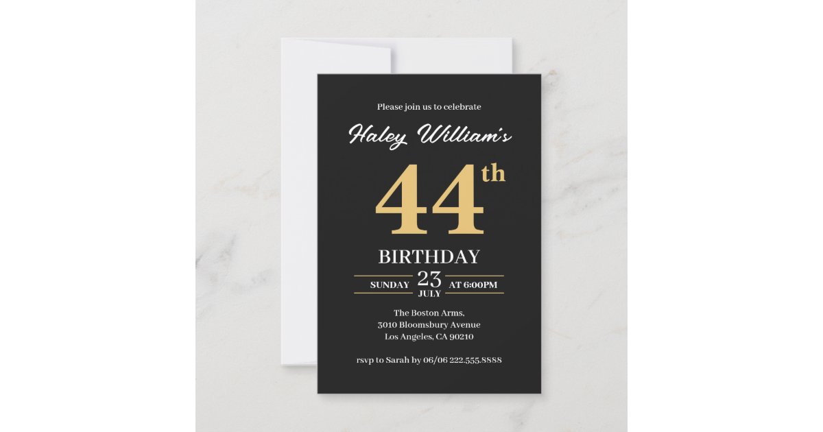 Black Gold Minimalist Modern Simple 44th Birthday Invitation | Zazzle