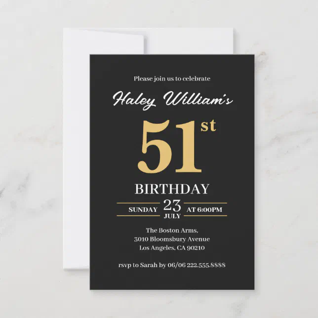 Black Gold Minimalist Modern Simple 51st Birthday Invitation | Zazzle