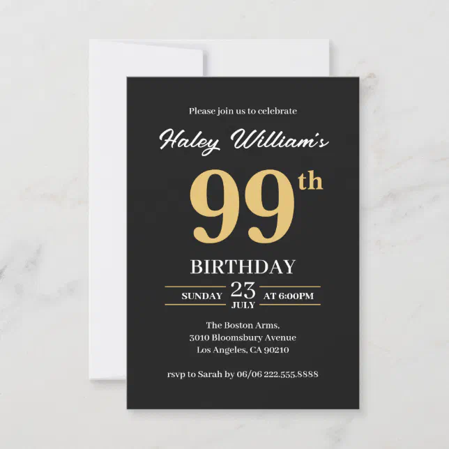 Black Gold Minimalist Modern Simple 99th Birthday Invitation | Zazzle
