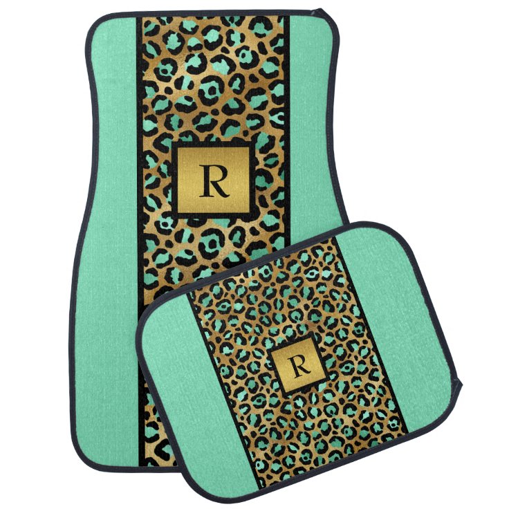 Black, Gold, Mint Green Leopard Print - Green Trim Car Floor Mat | Zazzle