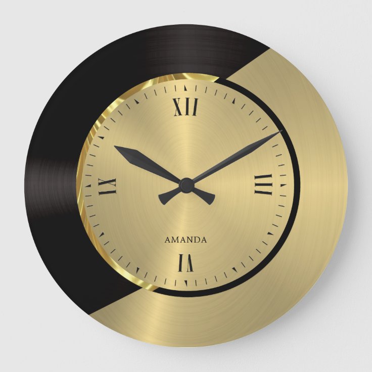 Black & Gold Modern Metallic Geometric design Large Clock | Zazzle