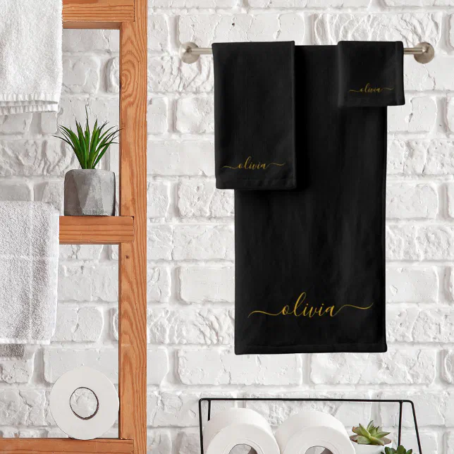 Black Gold Modern Script Girly Monogram Name Bath Towel Set | Zazzle