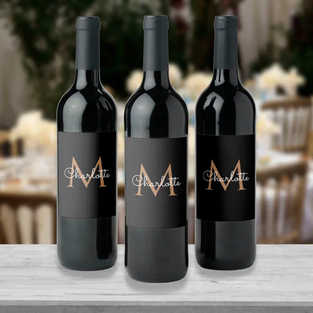 Black Gold Monogram Elegant Script Wine Label | Zazzle