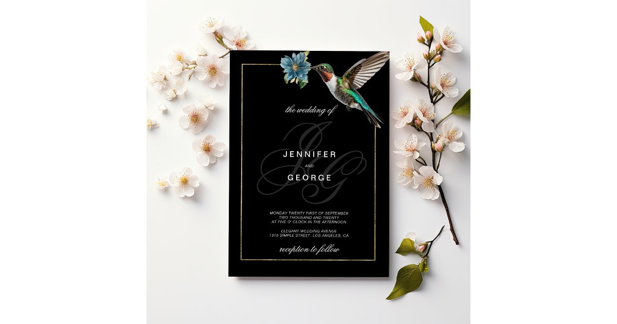 Black gold monogram initials hummingbird wedding invitation | Zazzle