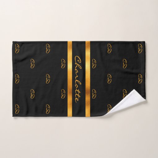 Black gold monogram initials pattern name script bath towel set | Zazzle