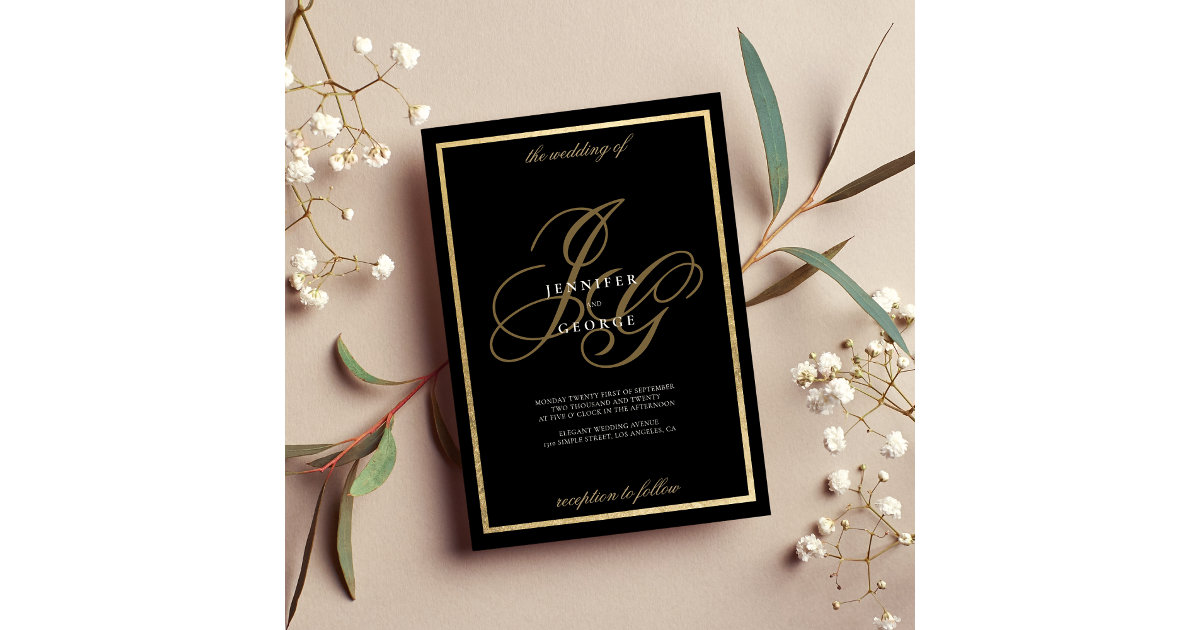 Black gold monogram initials romantic wedding invitation | Zazzle