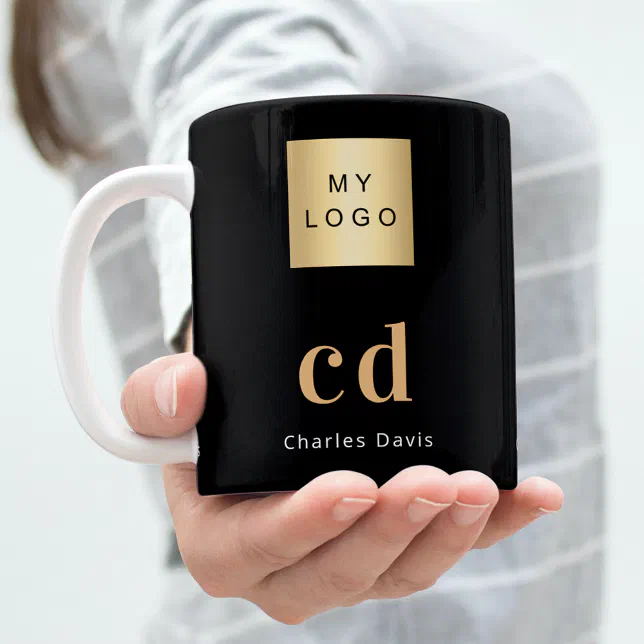 Black gold monogram name business coffee mug | Zazzle