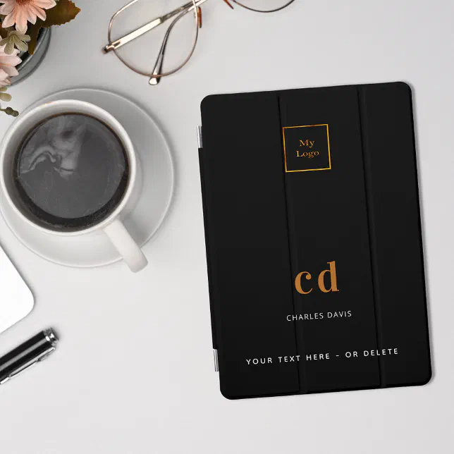 Black gold monogram name logo business iPad pro cover | Zazzle