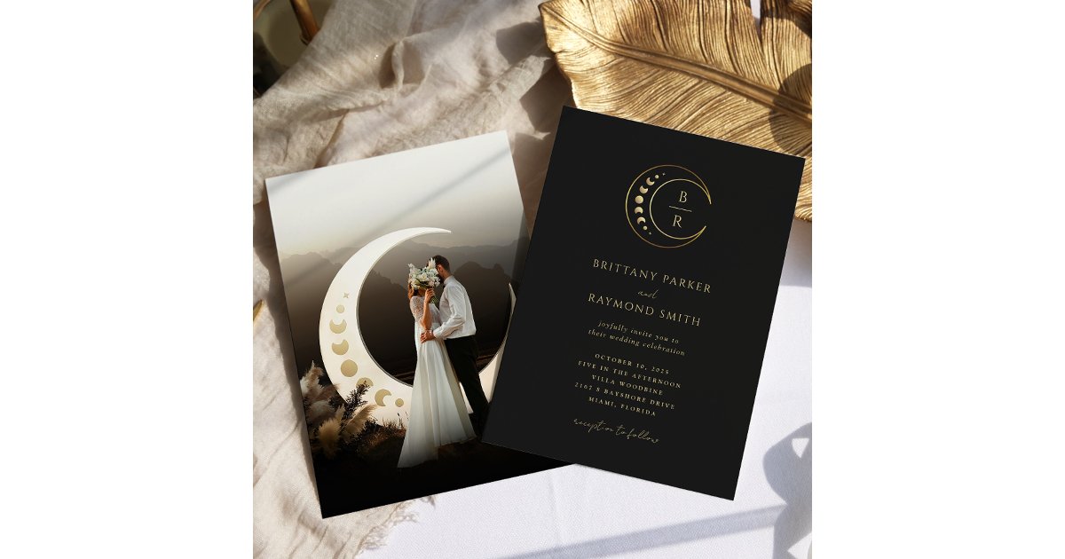 Black Gold Moon Celestial Wedding Invitation | Zazzle