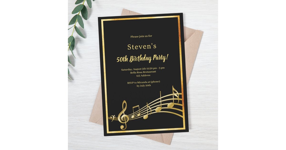 Black gold music notes birthday invitation | Zazzle