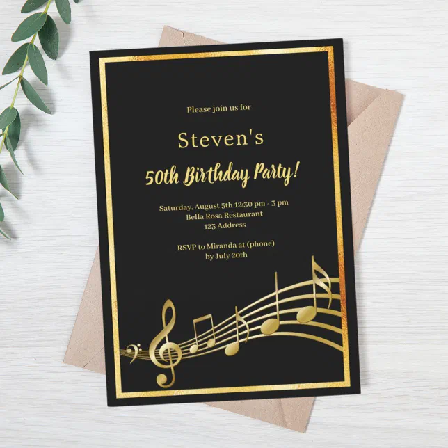 Black gold music notes birthday invitation | Zazzle