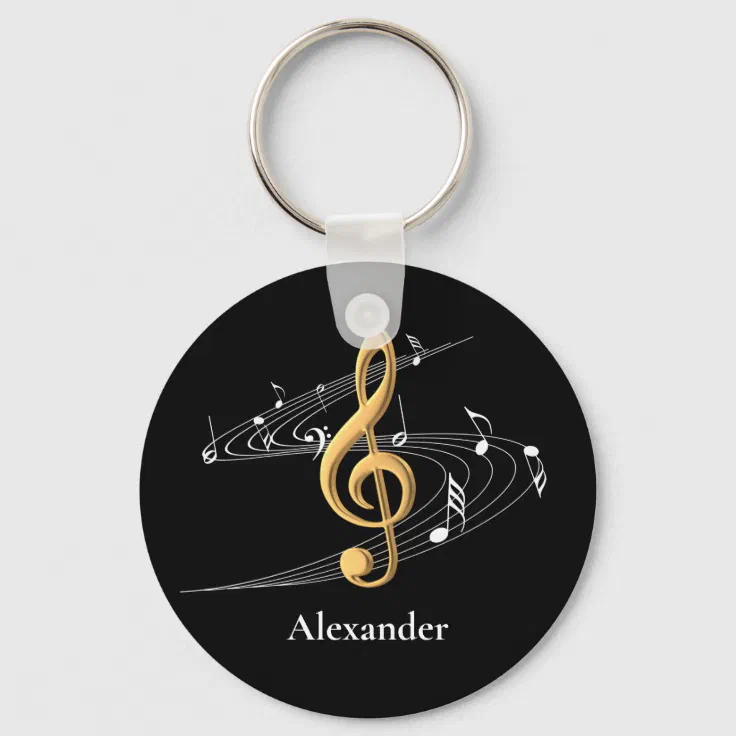 Black Gold Music Notes Monogram Name Keychain | Zazzle